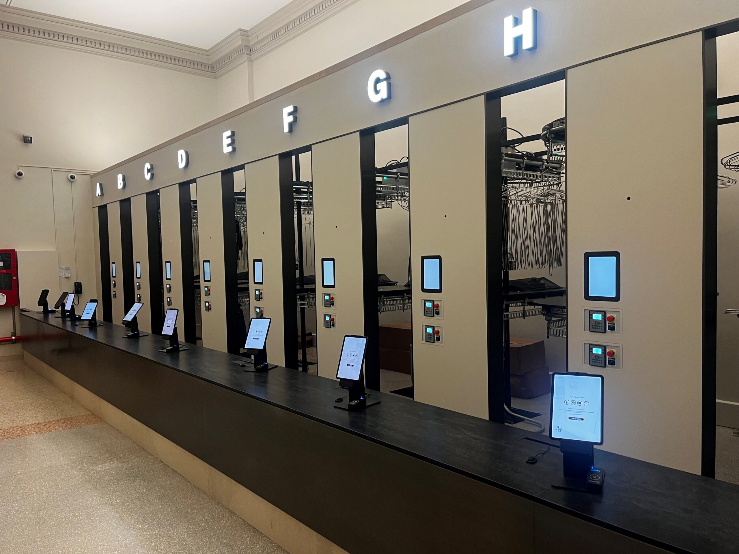 Railex Ticketless Coat Check System with 24 conveyors. These conveyors ...